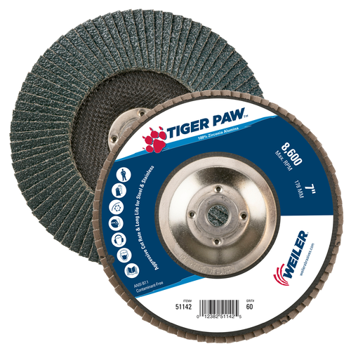 7" Tiger Paw Abrasive Flap Disc, Flat (TY27), Phenolic Backing, 60Z, 5/ ...