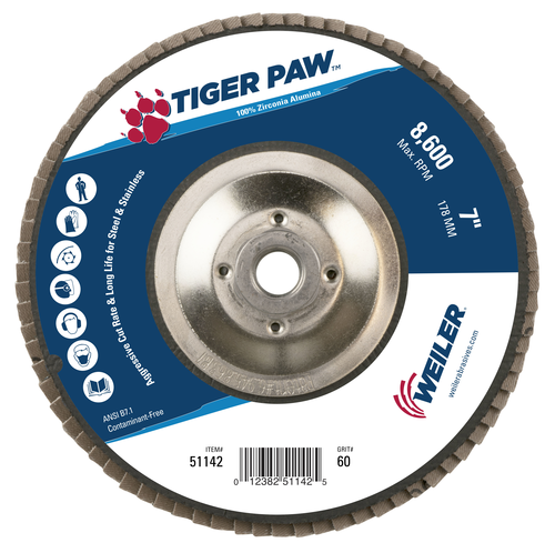 7" Tiger Paw Abrasive Flap Disc, Flat (TY27), Phenolic Backing, 60Z, 5/ ...